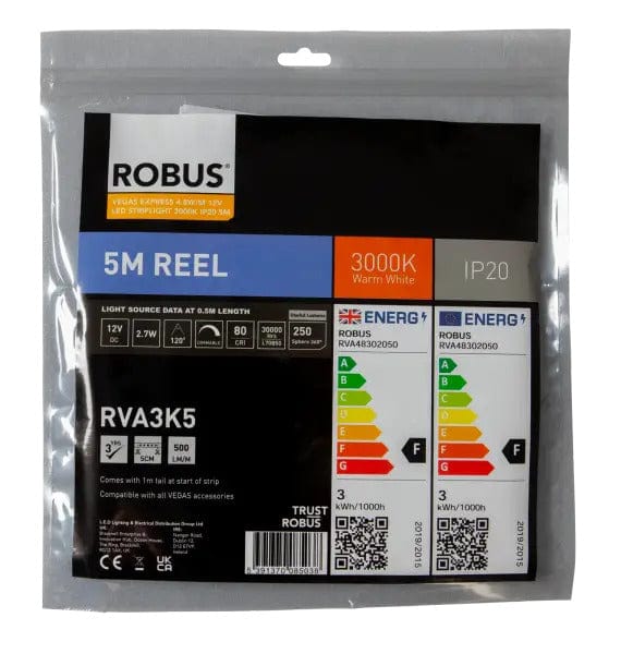 Robus Vegas 4.8W/m 5m LED Striplight IP20, 3000K - RVA3K5 – ledbulbs.co.uk