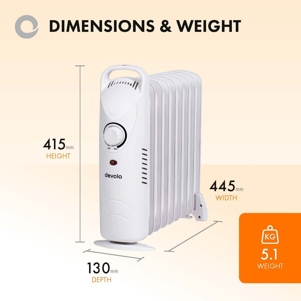 Devola 800W Mini Oil Filled Radiator (9 Fin) White - DVMOR9F08W - Retu ...