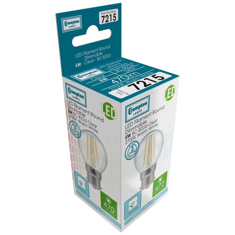 Crompton LED Round Filament Dimmable Clear 5W 2700K BC-B22d - CROM7215 ...