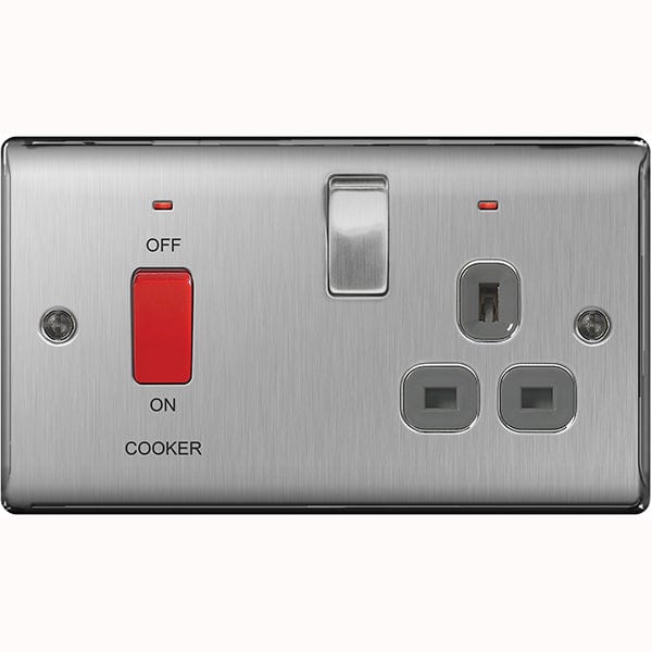 BG Nexus Metal Brushed Steel Double Cooker Switch / Socket Grey Insert ...
