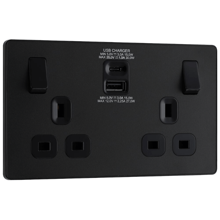 BG Evolve Matt Black Double Switched 13A Power Socket + USB C 30W + US ...