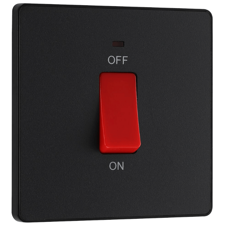 BG Evolve Matt Black 45A Small Plate 2-Pole Switch With LED Power Indi ...