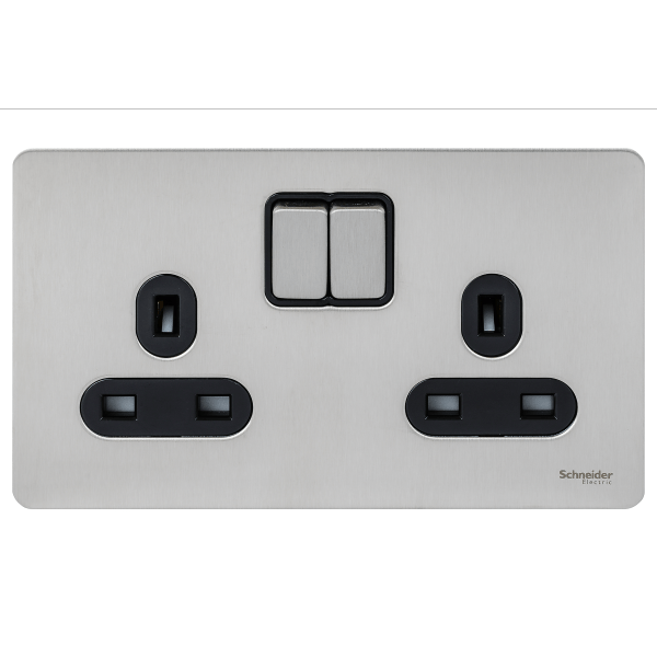 Schneider USFP 13A Double Pole 2G Switched Socket Black Insert - Stain ...