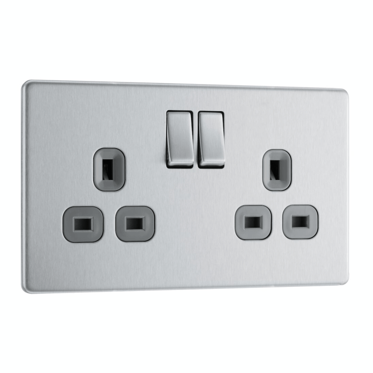 BG Screwless Flatplate Brushed Steel Double Switched 13A Power Socket ...