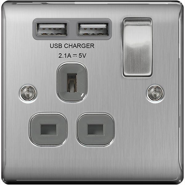BG Nexus Metal Brushed Steel Single Switched 13A Power Socket With Usb ...